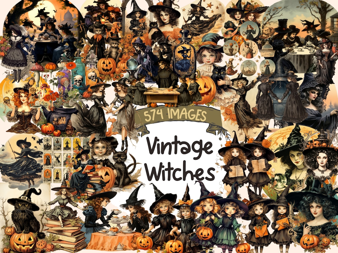 Vintage Witches Watercolor Clipart Bundle 574 PNG Retro Witch Images ...