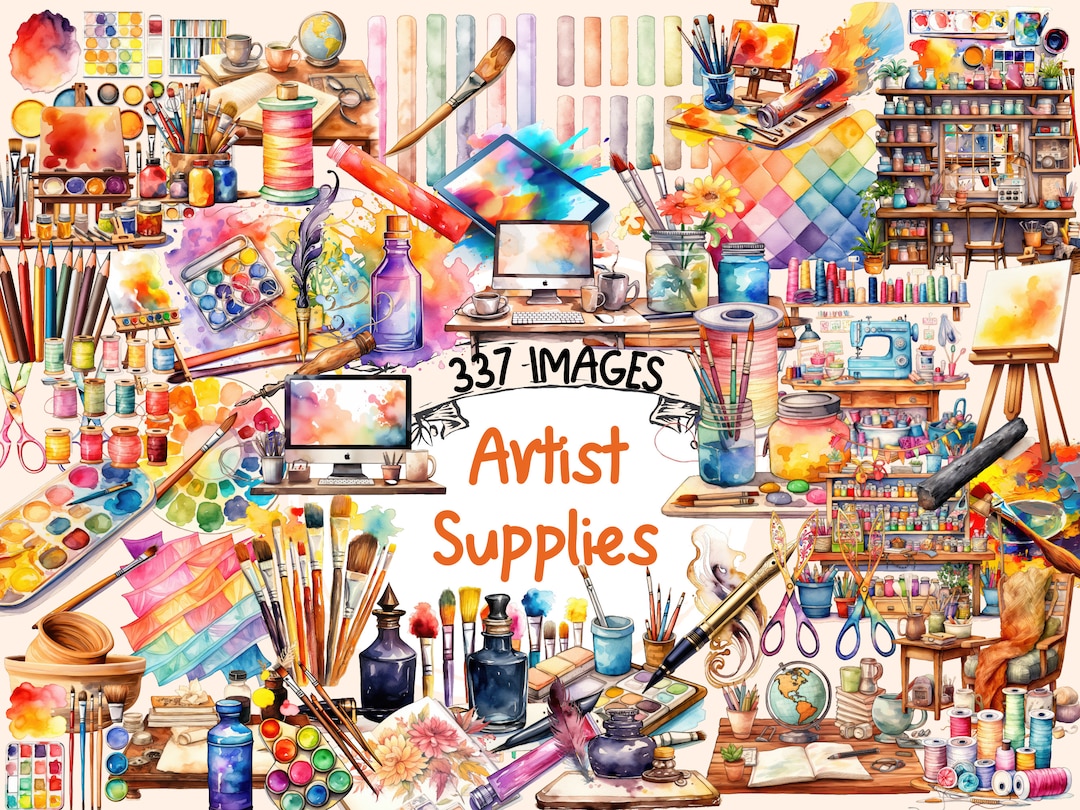 Artist Supplies Watercolor Clipart Bundle - 337 PNG Art Supplies Images ...