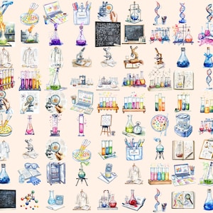 Watercolor Science Lab Clipart Bundle: 160 PNG Chemistry Illustrations ...