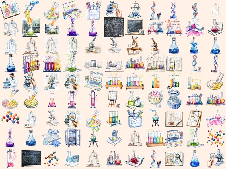 Watercolor Science Lab Clipart Bundle: 160 PNG Chemistry Illustrations ...
