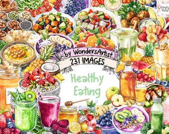 Watercolor Food Clipart Bundle: Healthy Eating Illustrations (231 PNG ...