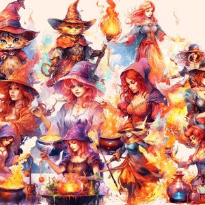 Fire Witches Watercolor Clipart Bundle - 88 PNG Fairytale Images ...
