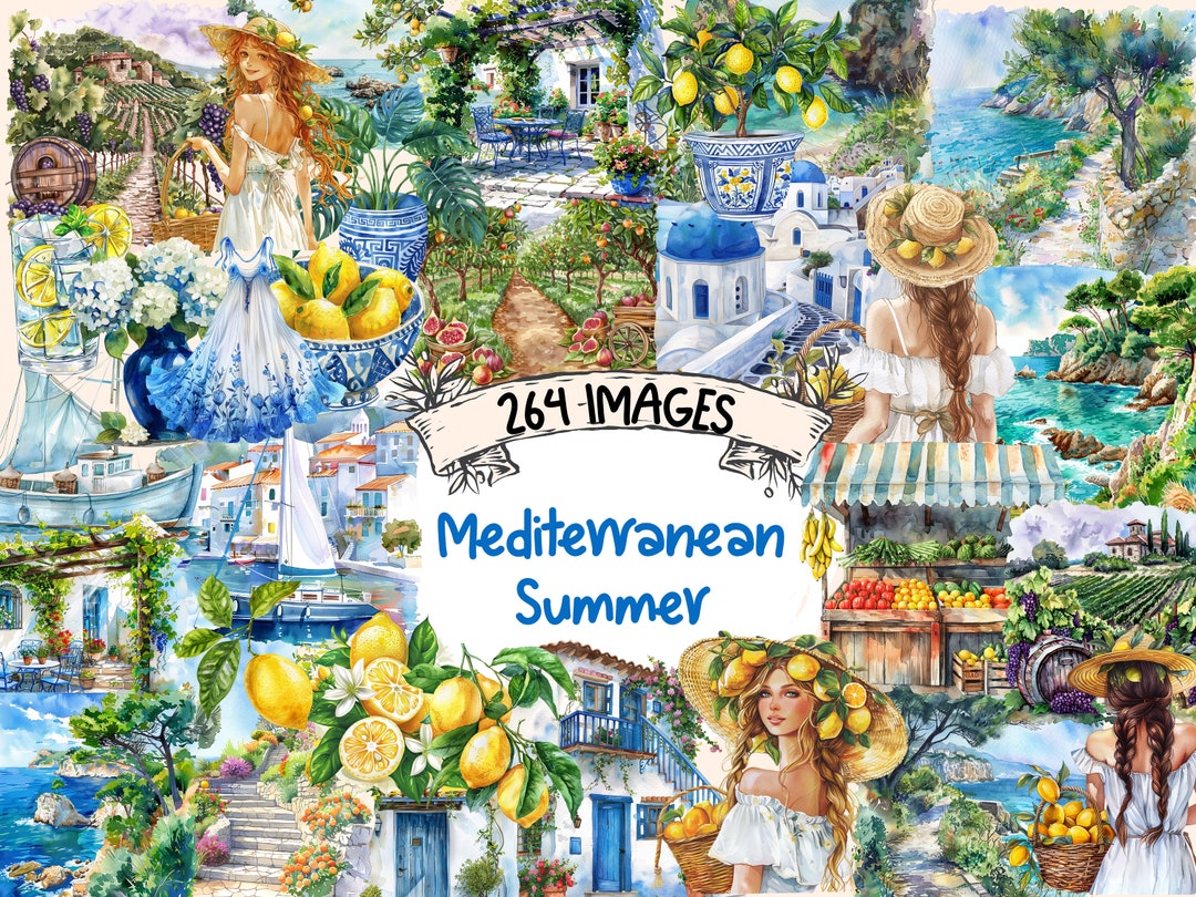 Mediterranean Summer Watercolor Clipart Bundle: 264 Coastal PNG Images ...