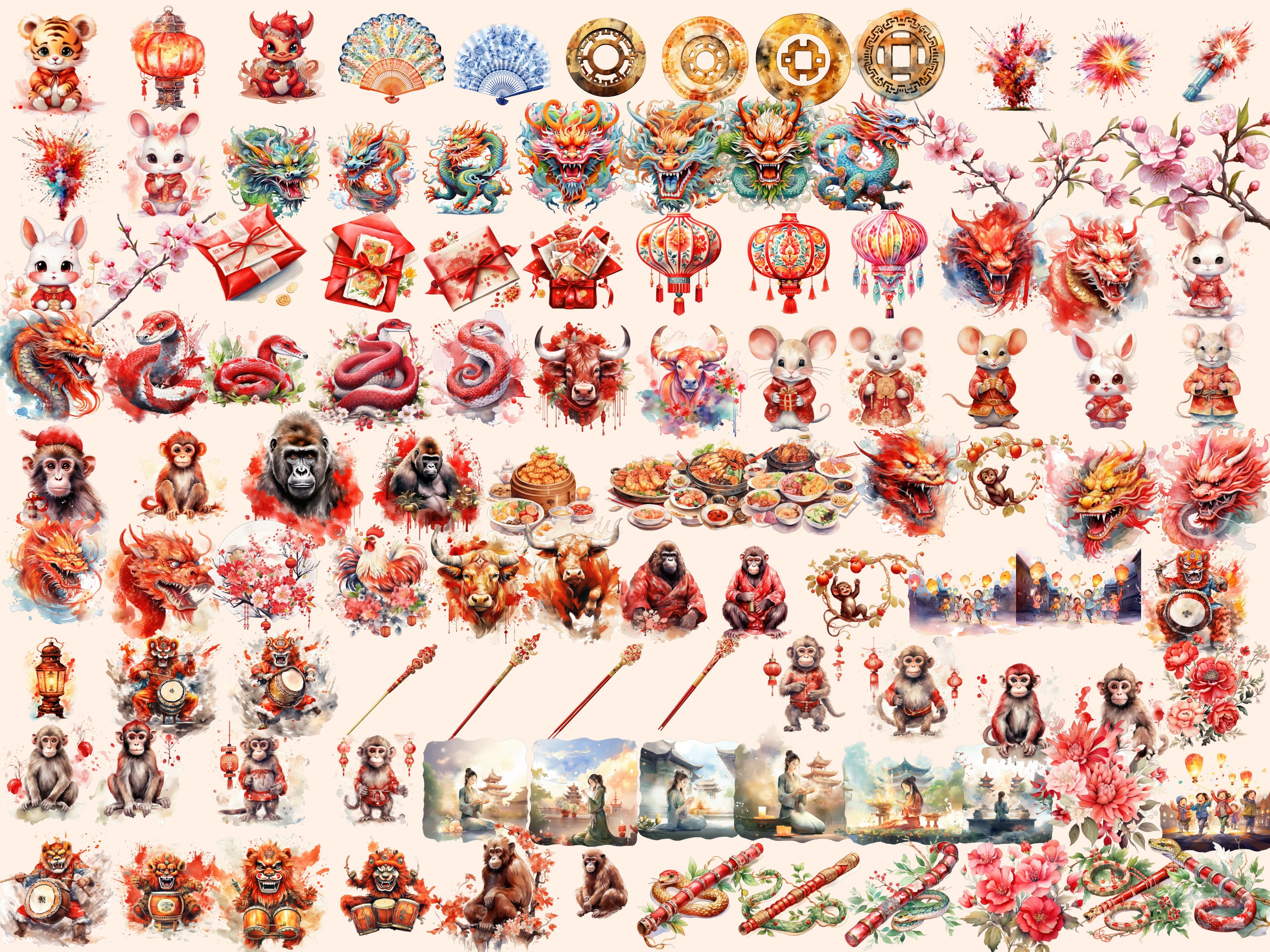 Chinese New Year Watercolor Clipart Bundle: Festive PNG Images (digital ...