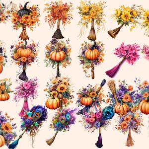 Floral Broomsticks Watercolor Clipart Bundle - 113 PNG Witch Brooms ...
