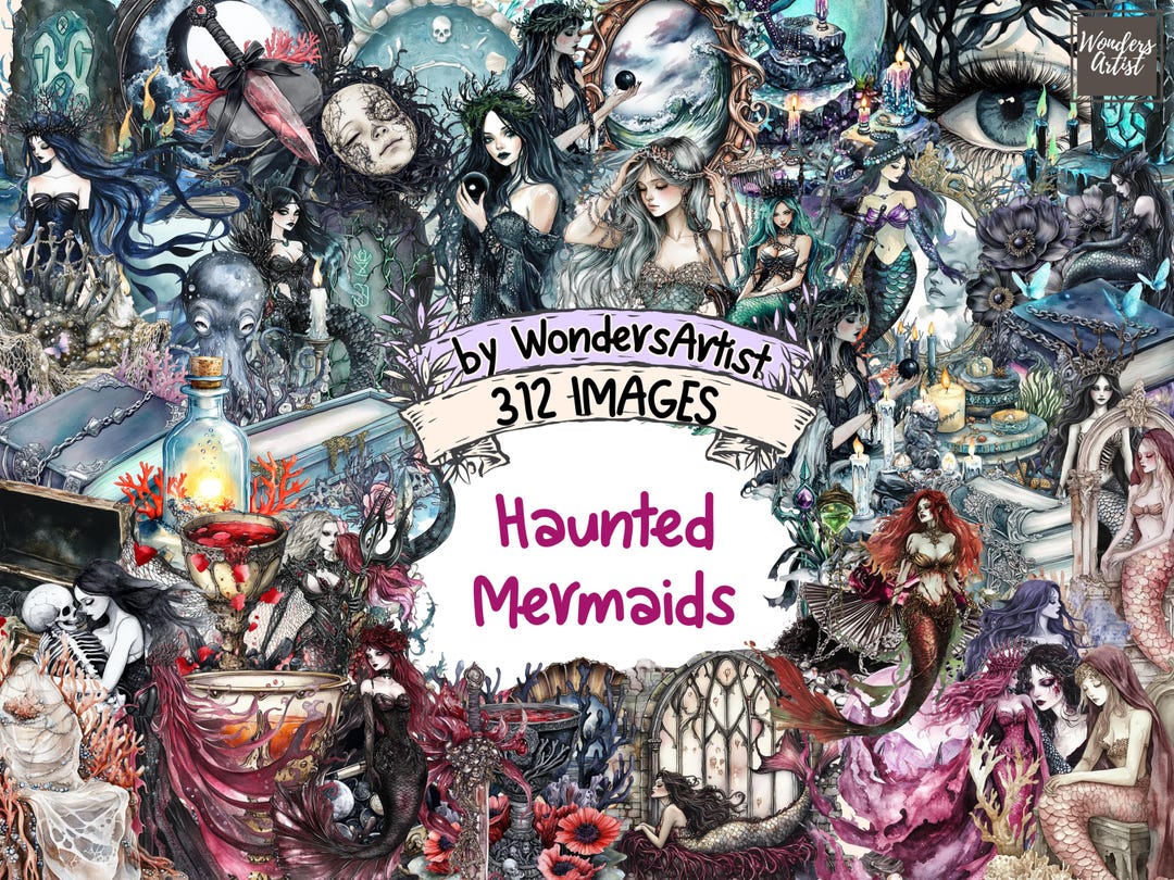Haunted Mermaid Watercolor Clipart: Spooky Ocean Fantasy (digital ...