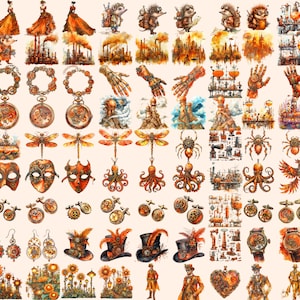 Orange Steampunk Watercolor Clipart Bundle 504 PNG Amber Steampunks ...