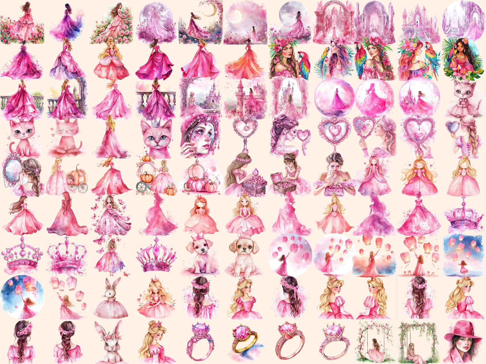 Pink Princess Watercolor Clipart Bundle: 503 PNG Images (digital ...