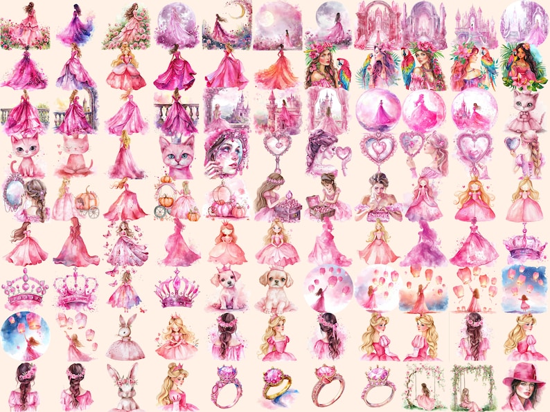 Pink Princess Watercolor Clipart Bundle: 503 PNG Images (digital ...