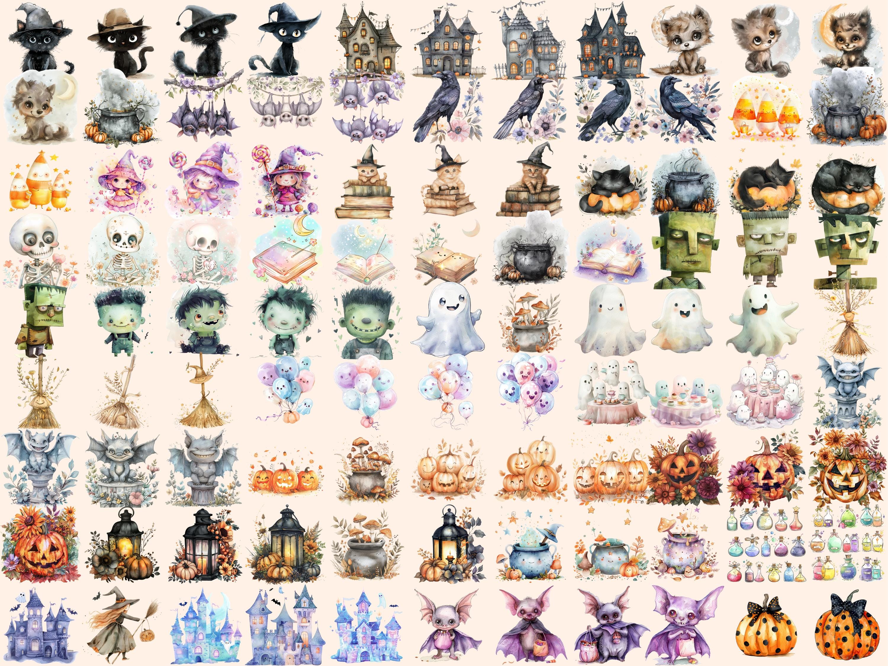 Cute Halloween Watercolor Clipart Bundle – Spooky PNG Graphics (digital ...