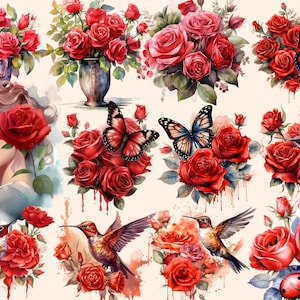 Red Roses Watercolor Clipart Bundle - 98 PNG Images, Beautiful Floral ...