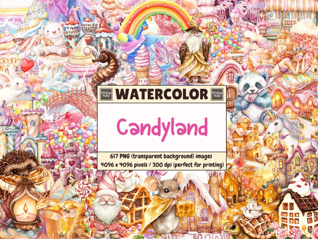 Candyland Watercolor Clipart: Sweet Fantasy PNG Graphics (commercial ...