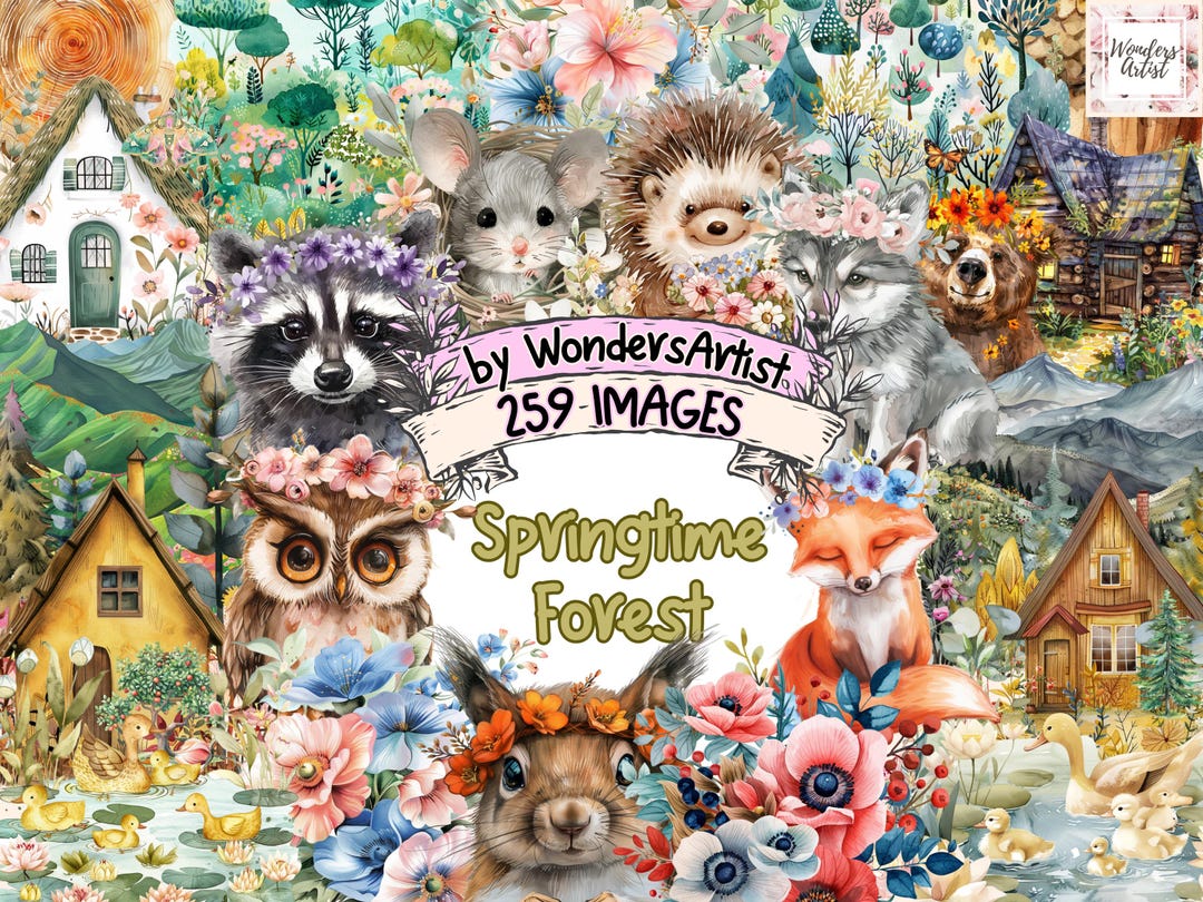 Springtime Forest Watercolor Clipart Bundle - 259 PNG Lush Woodland ...