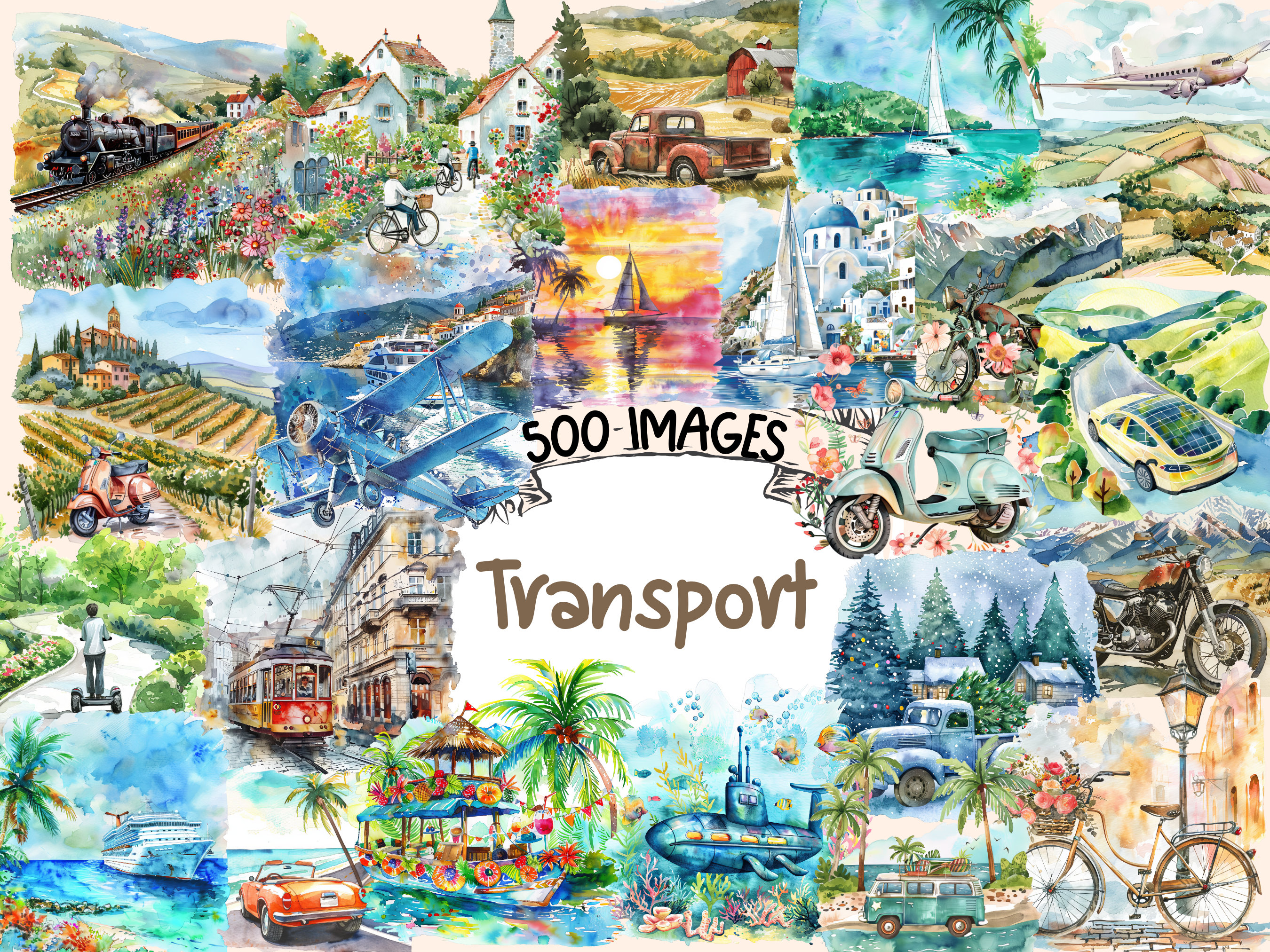 Watercolor Transport Clipart Bundle: 500 PNG Vehicle Images (digital ...