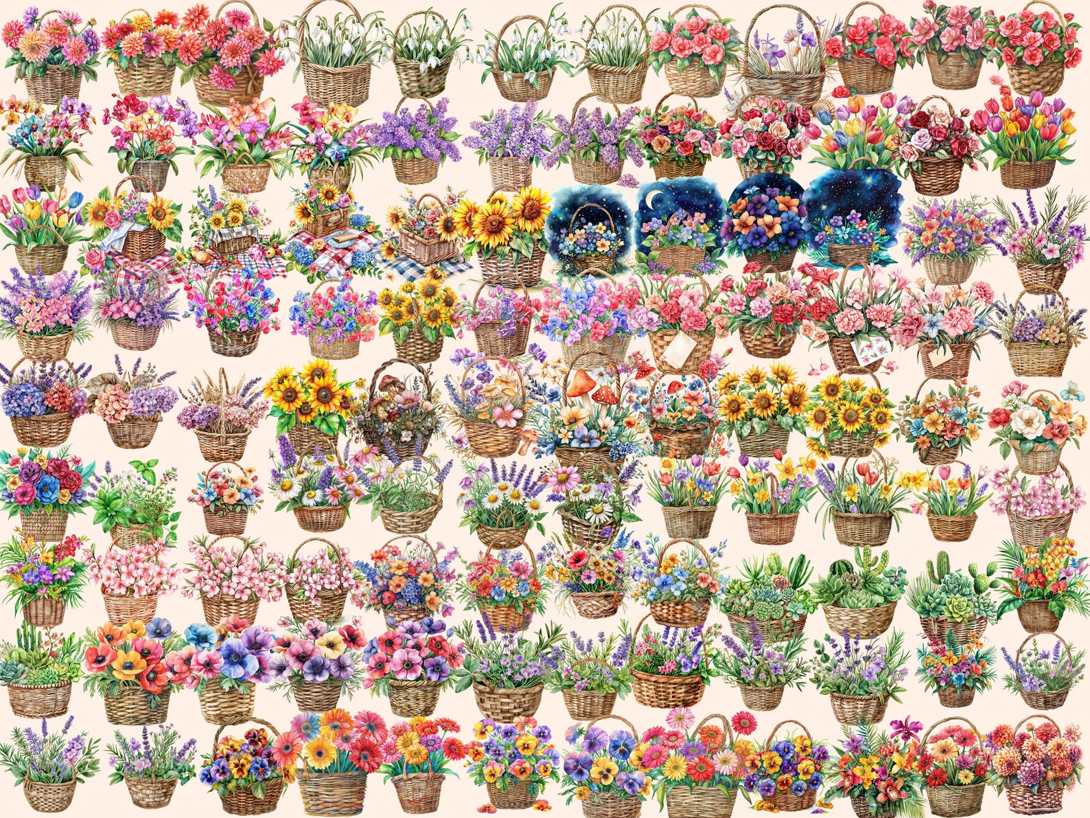 Floral Baskets Clipart Bundle: 343 PNG Flower Arrangement Graphics ...