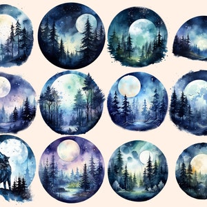 Forest Moons Watercolor Clipart Bundle - 70 PNG Mystical Woodland ...