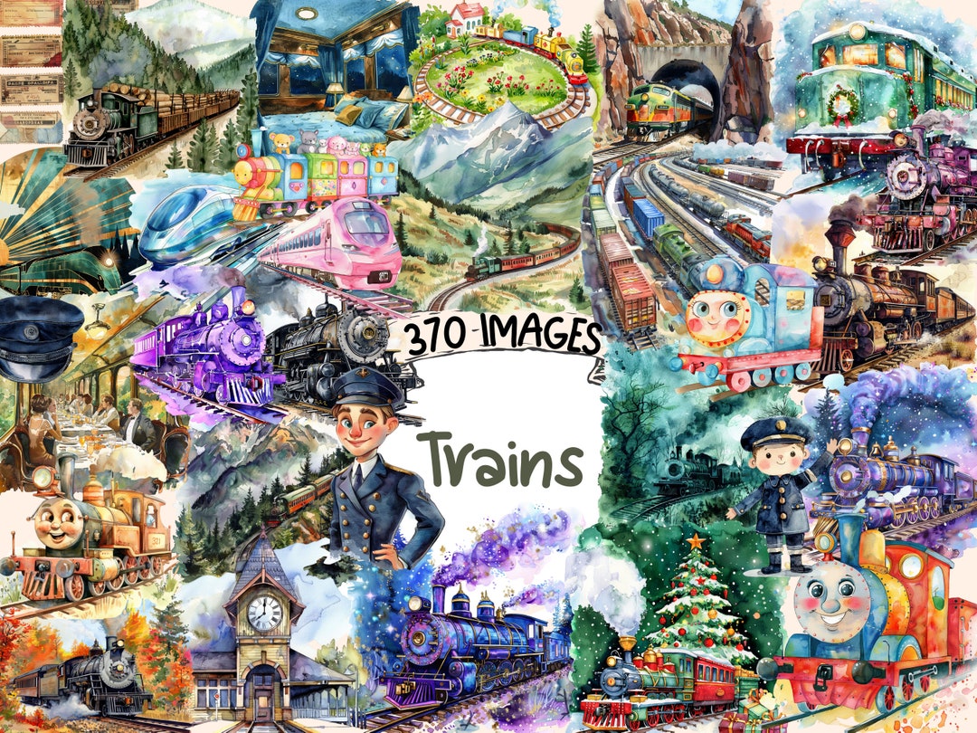 Trains Watercolor Clipart Bundle - 370 PNG Locomotive Train Station ...