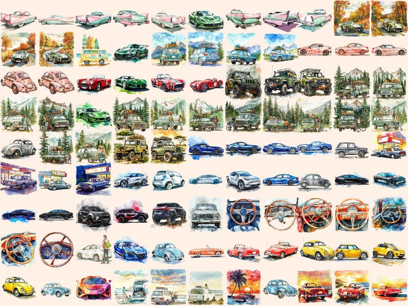 Watercolor Cars Clipart Bundle: 668 PNG Vehicle Graphics (digital ...