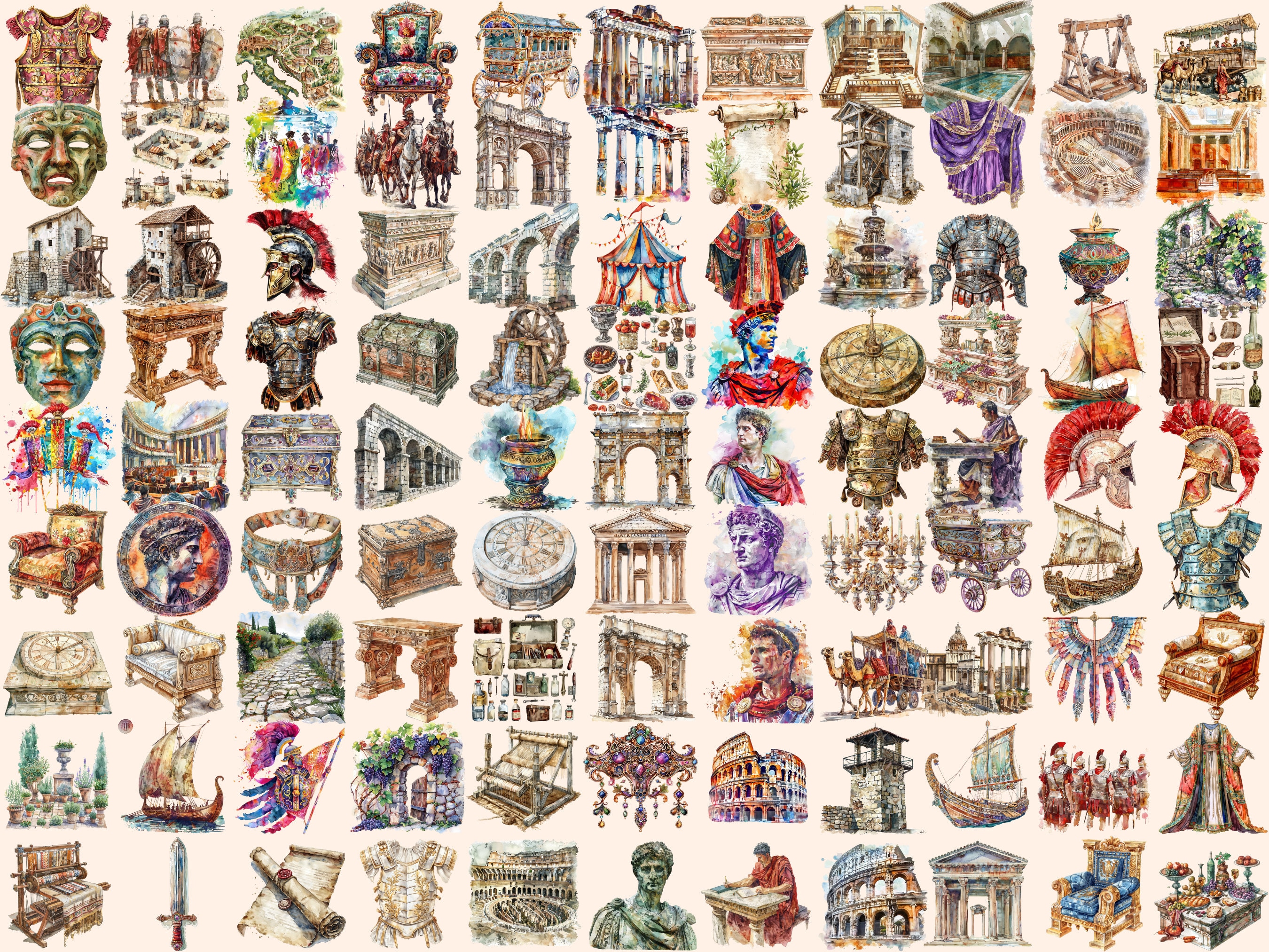Ancient Rome Watercolor Clipart Bundle: 665 Roman Empire PNG Graphics ...