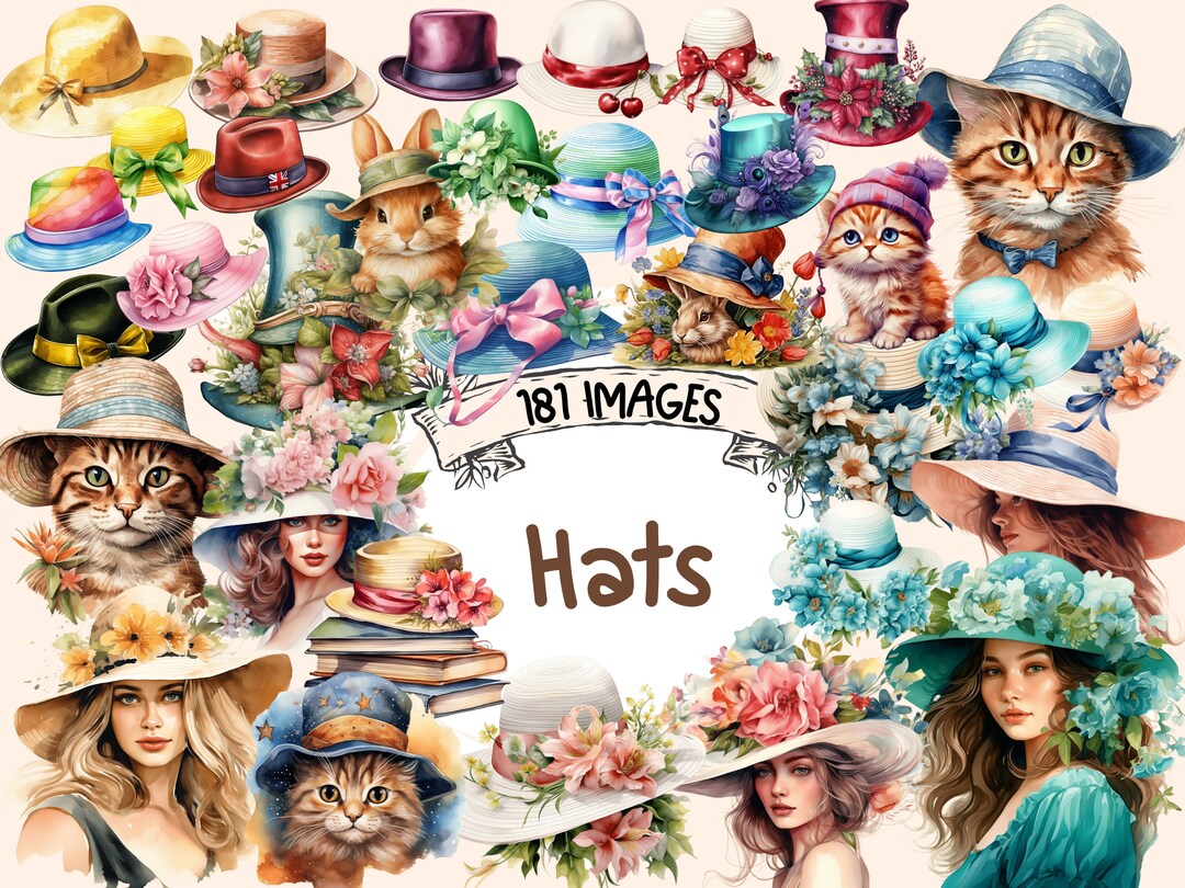 Hats Watercolor Clipart Bundle - 181 PNG Hat Images, Fashionable ...