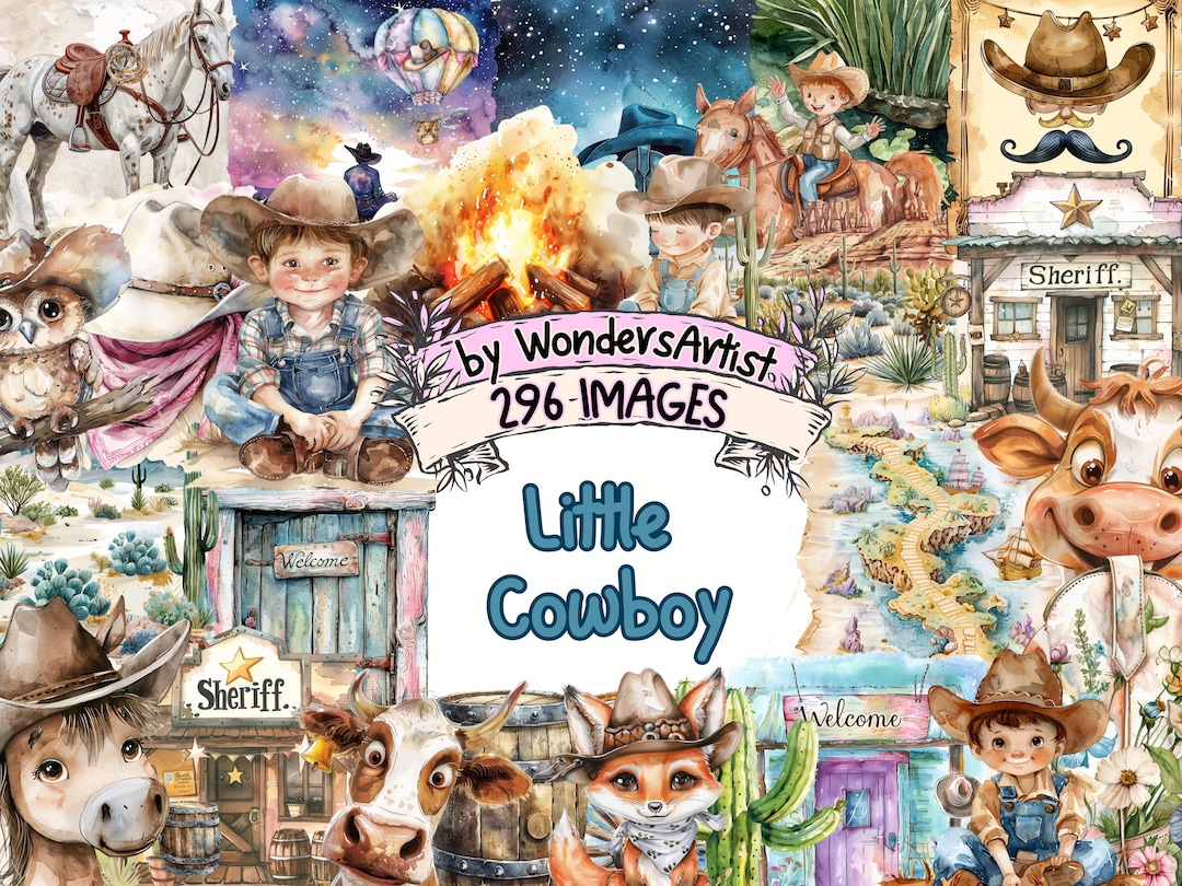 Little Cowboy Watercolor Clipart Bundle - 296 PNG Adorable Western ...