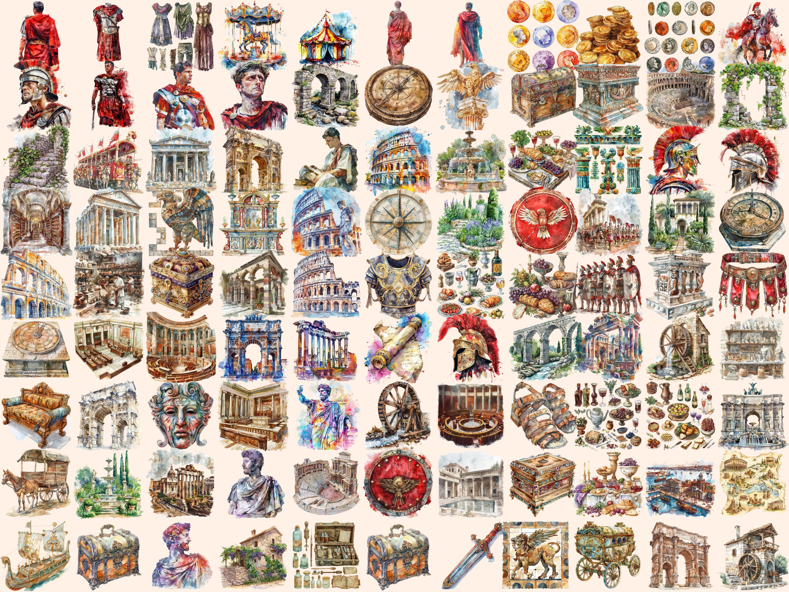 Ancient Rome Watercolor Clipart Bundle: 665 Roman Empire PNG Graphics ...