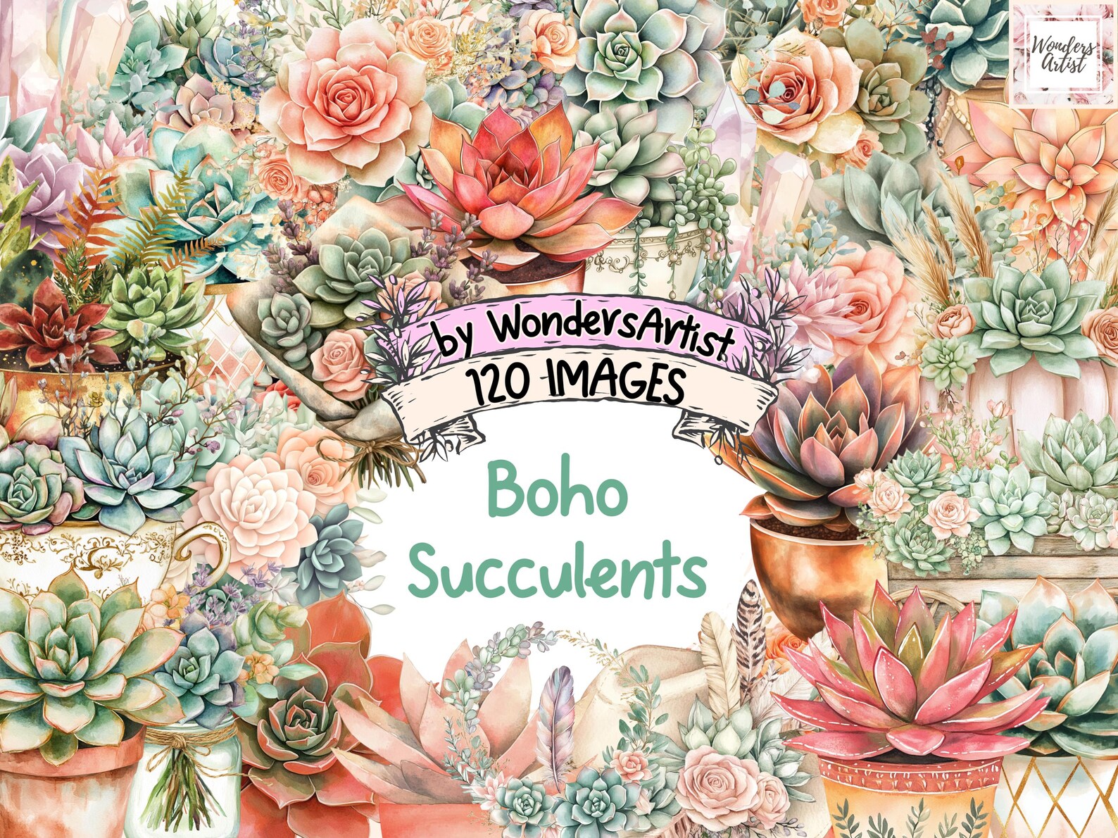 Boho Succulents Watercolor Clipart Bundle: 120 PNG Images (commercial ...