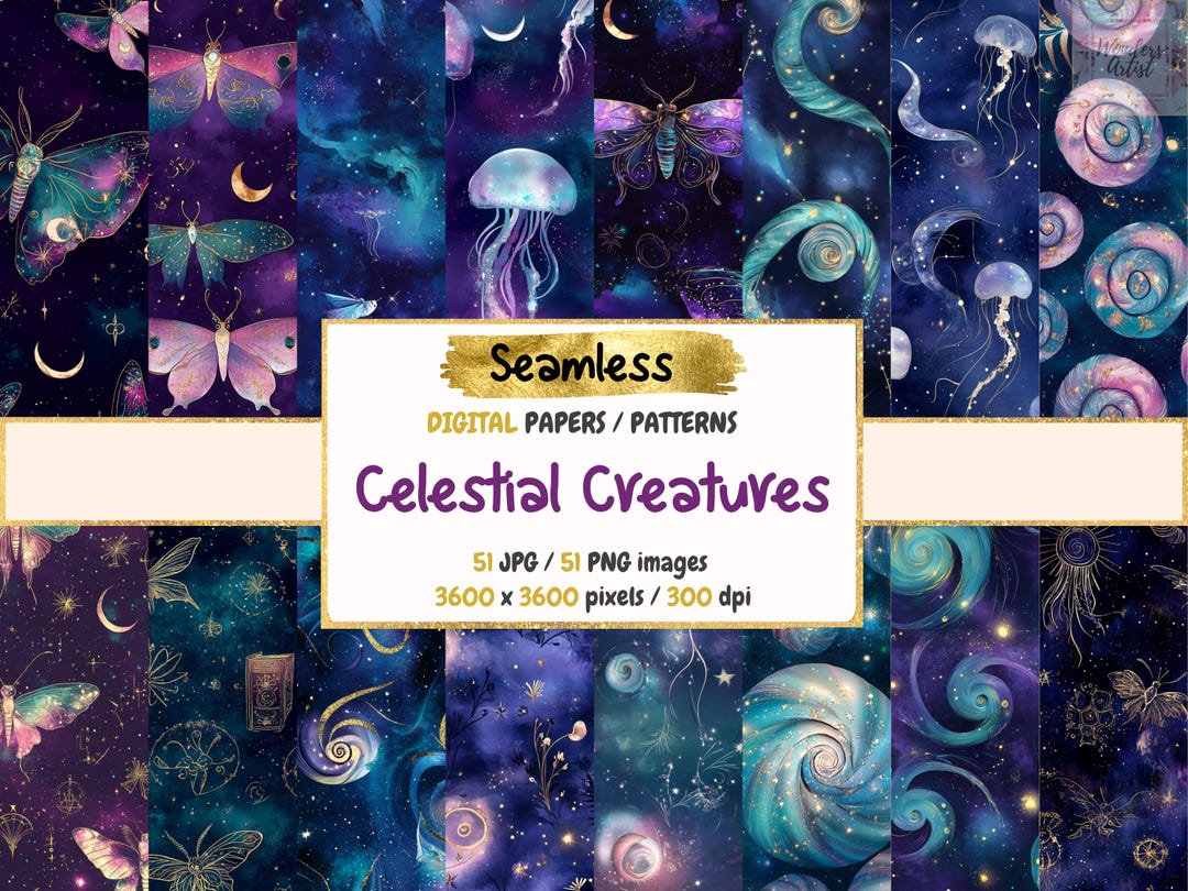 Celestial Creatures Seamless Pattern Digital Papers - Mystical Textures ...