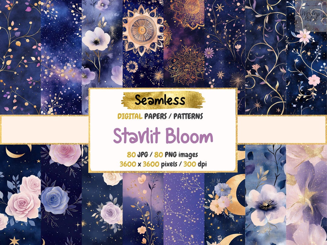 Starlit Bloom Seamless Digital Paper - Celestial Floral Textures ...