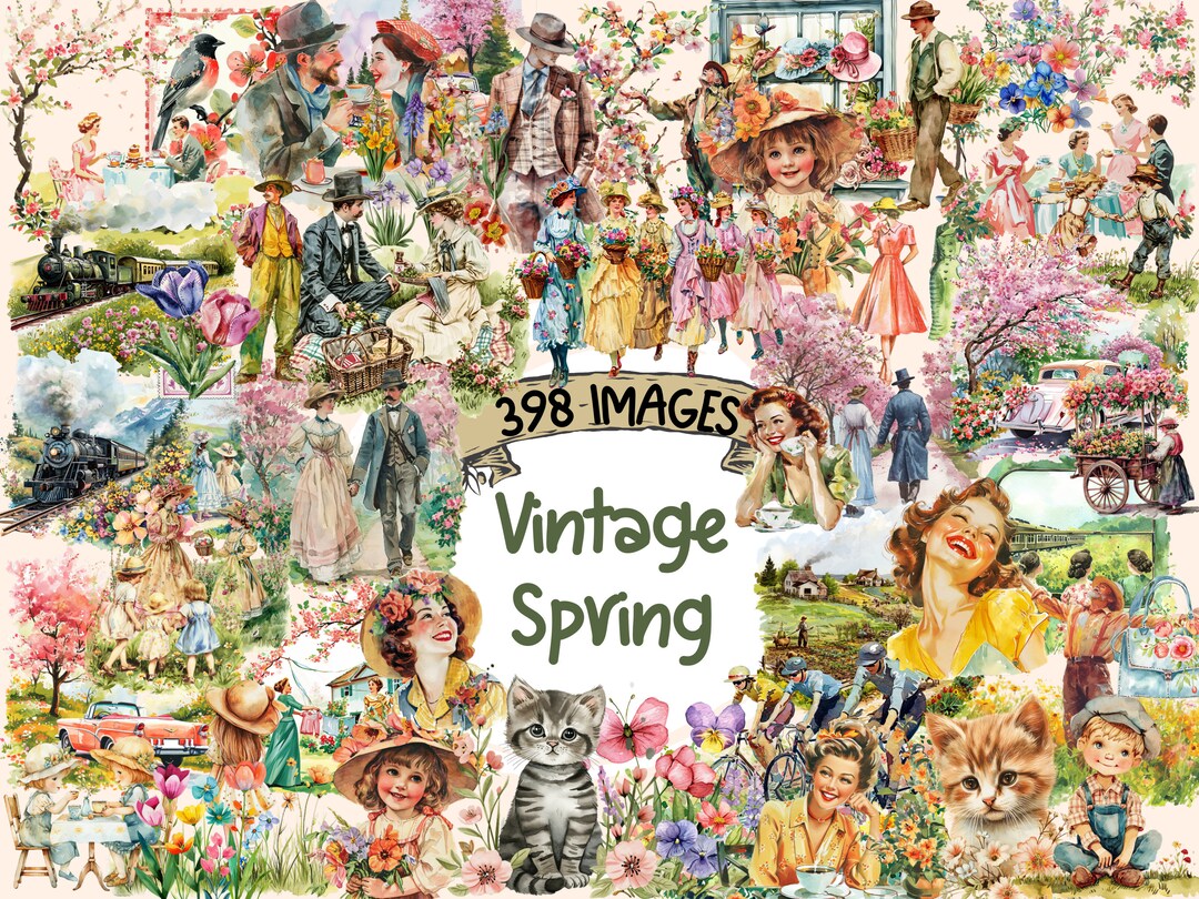 Vintage Spring Watercolor Clipart Bundle: 398 Retro PNG Images (digital ...