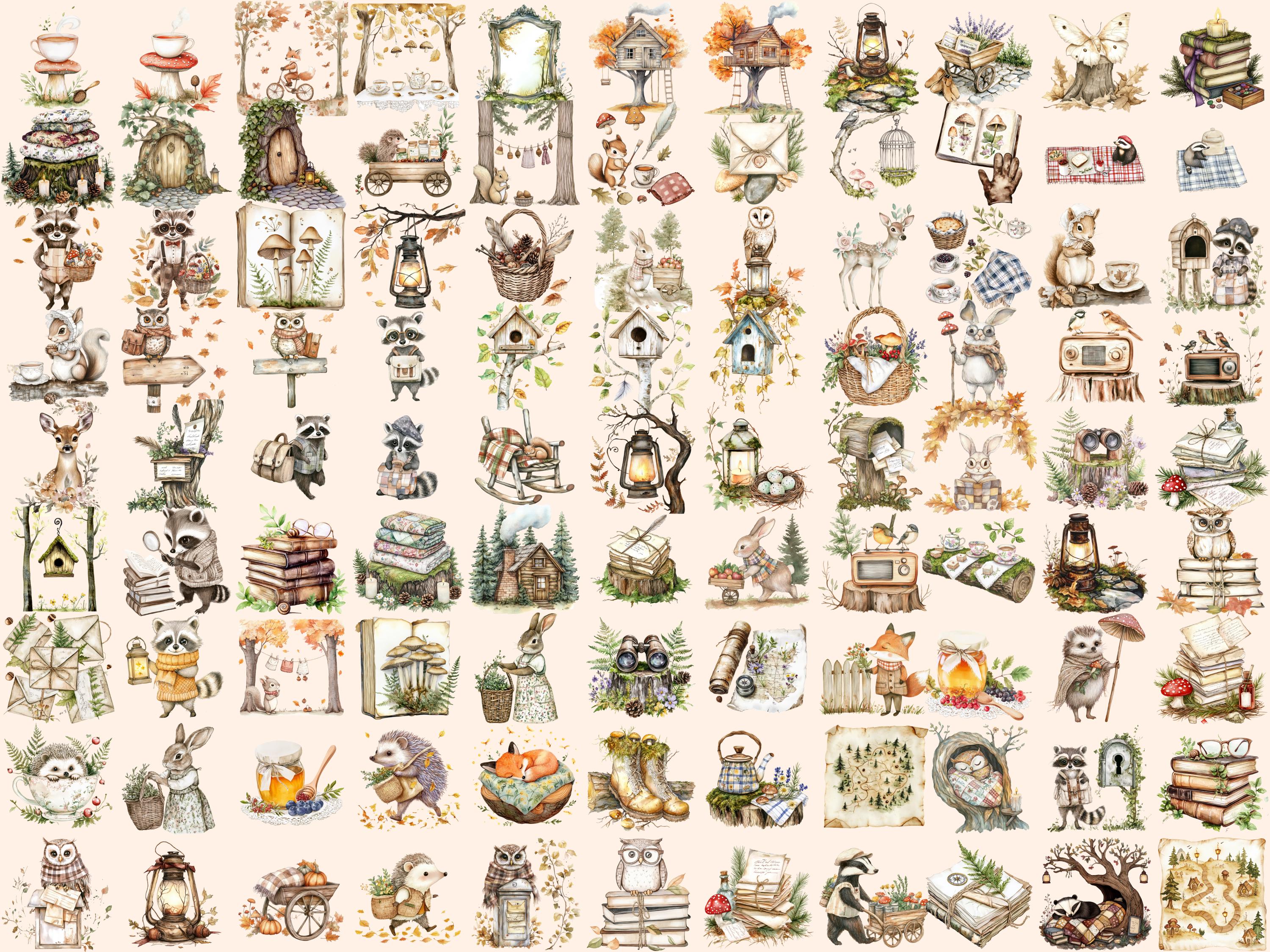 Vintage Woodland Clipart: Rustic Forest Animals, PNG Illustrations ...