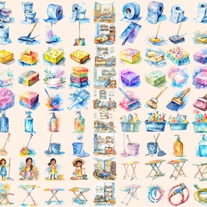 Watercolor Cleaning Clipart Bundle: 687 PNG Graphics (digital Download ...