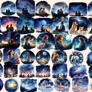 Stargazing Watercolor Clipart Bundle - 300 PNG Celestial Sky Images ...