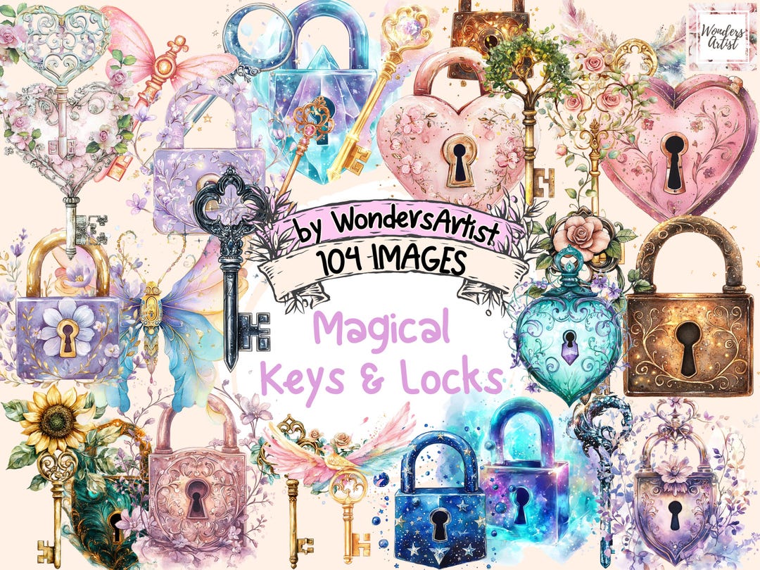 Magical Keys & Locks Watercolor Clipart Bundle - 104 PNG Key and Lock ...