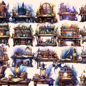 Wizard Desks Watercolor Clipart Bundle - 181 PNG Magical Images ...