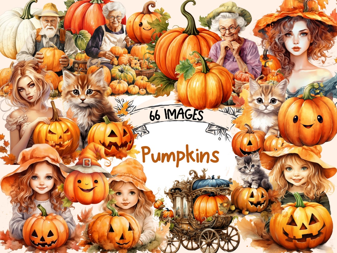 Watercolor Pumpkin Clipart Bundle: 66 Fall Halloween PNG Images ...