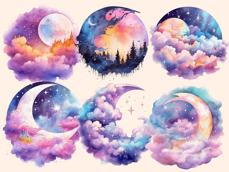 Dreamy Moons Watercolor Clipart Bundle 40 PNG Images of - Etsy