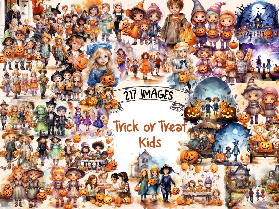 Watercolor Halloween Clipart Bundle: Trick or Treat Kids (217 PNG ...