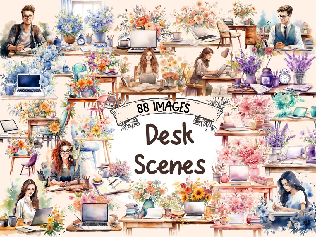 Watercolor Desk Scenes Clipart Bundle: Cozy Office PNG Images (digital ...