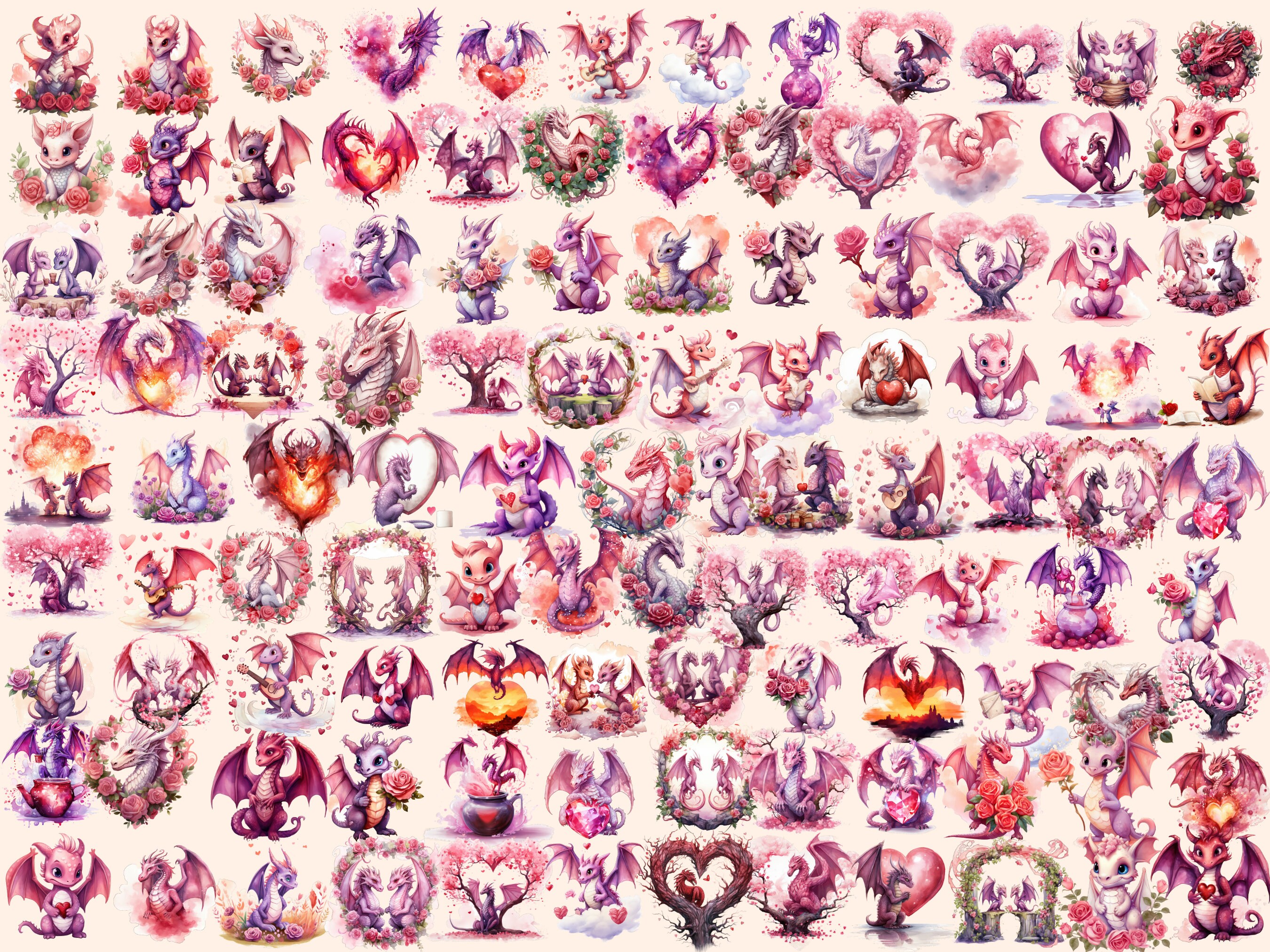 Romantic Dragons Watercolor Clipart Bundle: Valentine's Day PNG ...