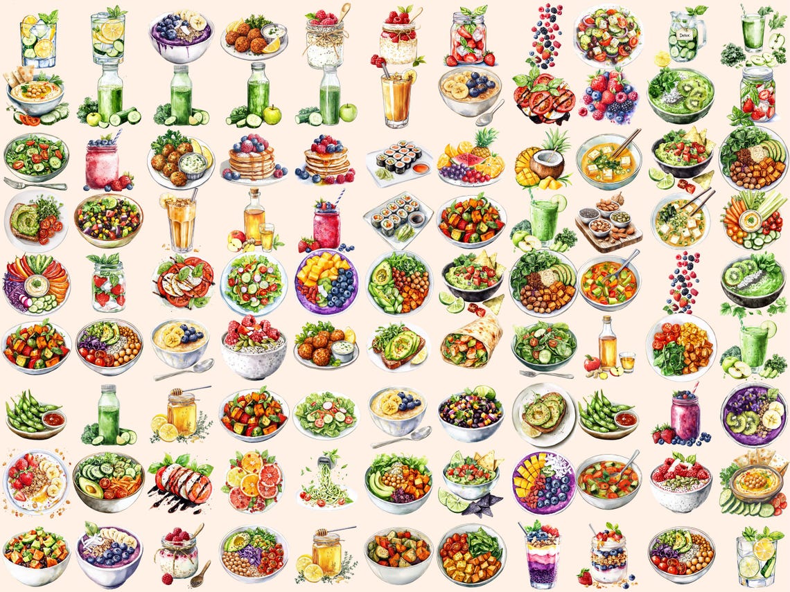 Watercolor Food Clipart Bundle: Healthy Eating Illustrations (231 PNG ...