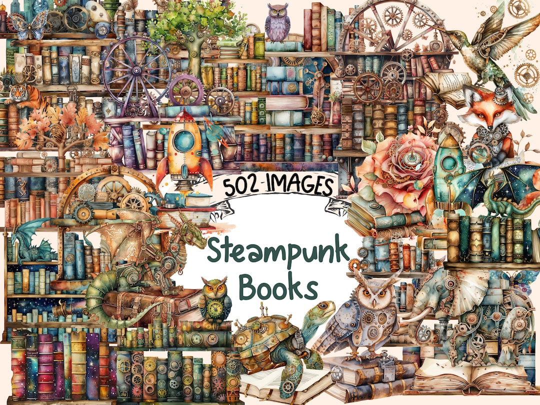 Steampunk Books Watercolor Clipart Bundle - 502 PNG Retro-futuristic ...