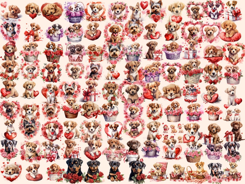 Valentine's Day Dogs Watercolor Clipart Bundle (469 PNG Images ...