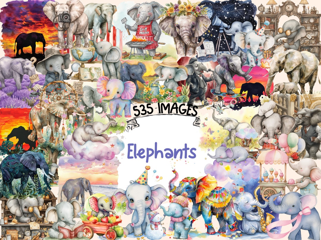 Watercolor Elephant Clipart Bundle: 535 PNG Images (digital Download ...