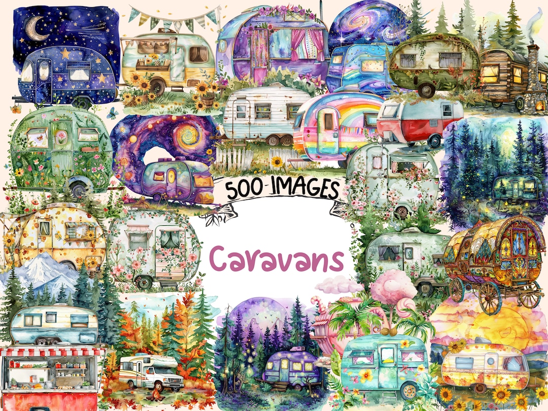 Caravans Watercolor Clipart Bundle - 500 PNG Travel Trailer Images ...