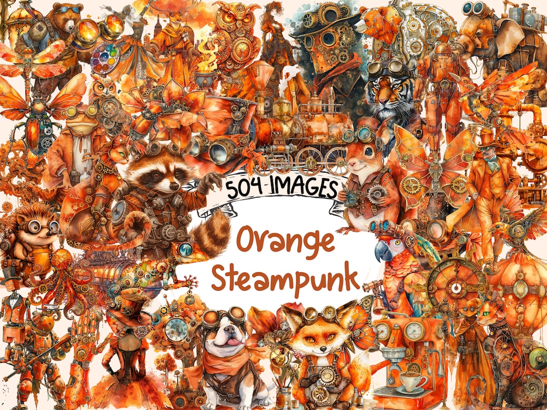 Orange Steampunk Watercolor Clipart Bundle - 504 PNG Amber Steampunks ...