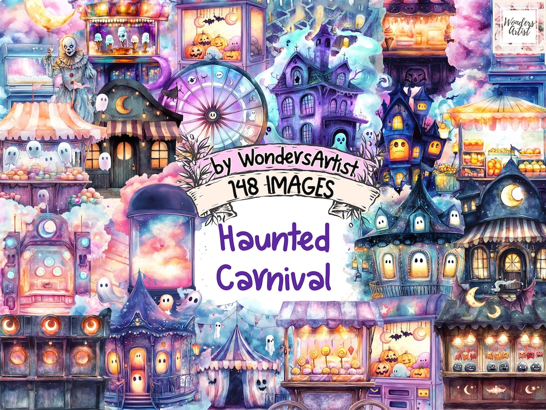 Haunted Carnival Watercolor Clipart: Spooky Circus Illustrations (148 ...