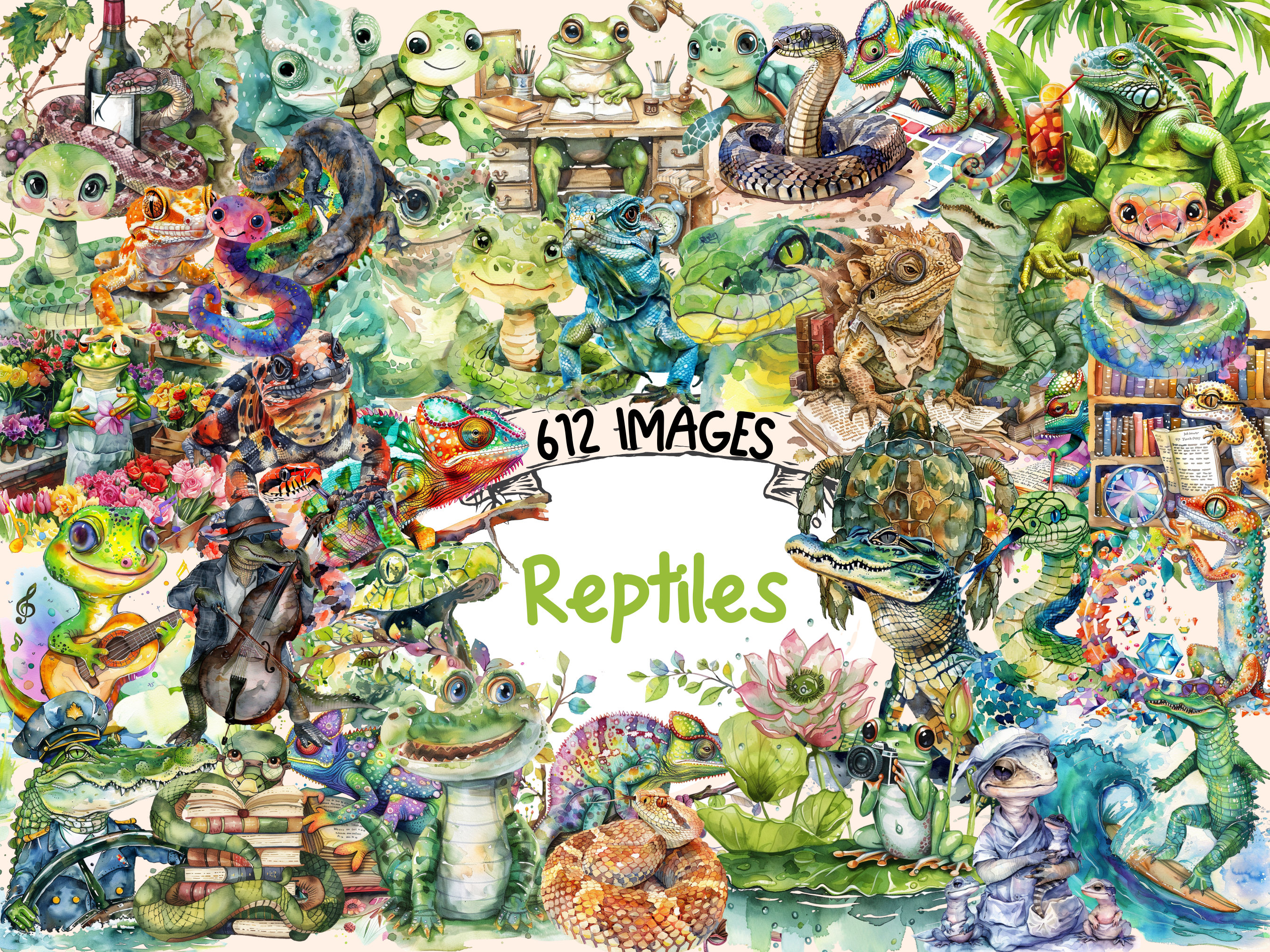 Watercolor Reptiles Clipart Bundle: 612 PNG Images (digital Download ...