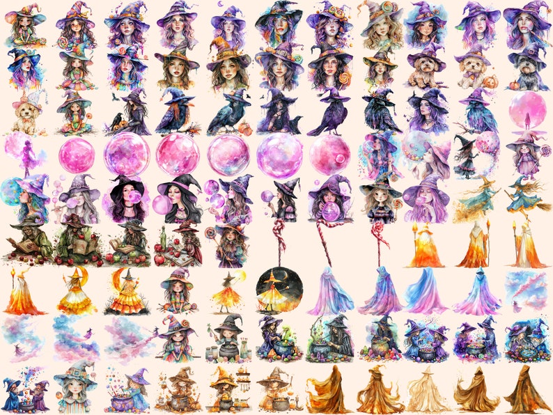 Candy Witches Watercolor Clipart Bundle: 636 PNG Halloween Sorceress ...
