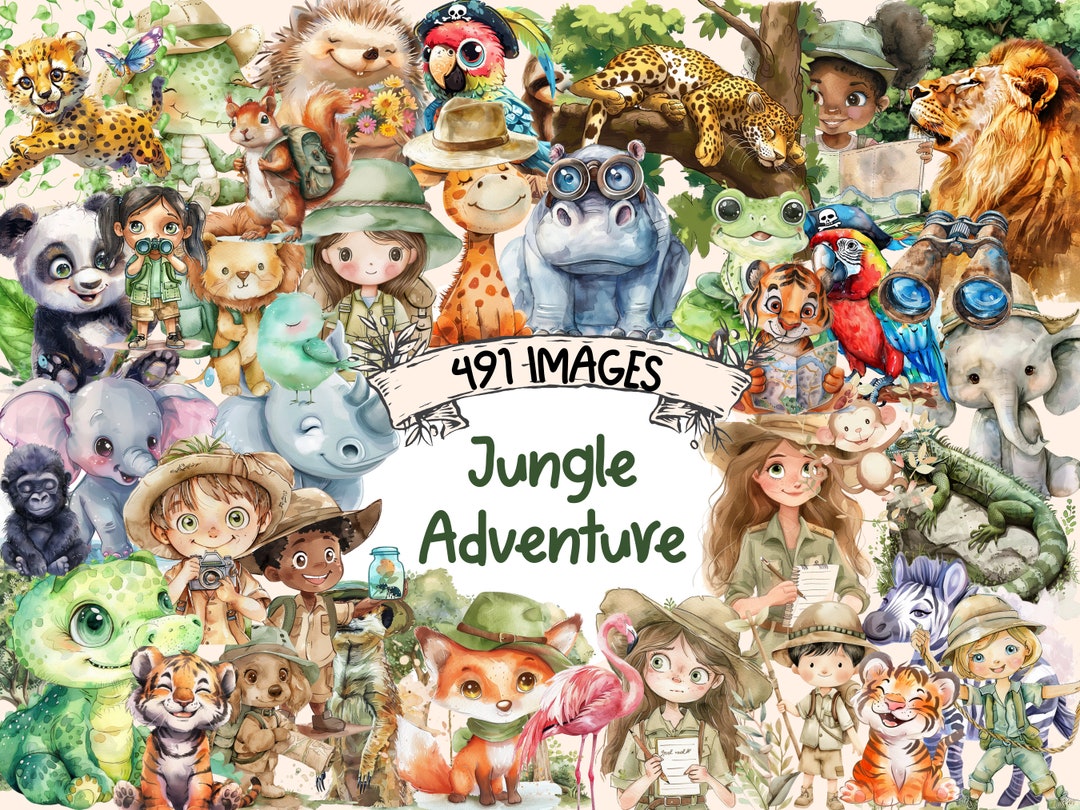Jungle Adventure Watercolor Clipart Bundle - 491 PNG Exotic Exploration ...